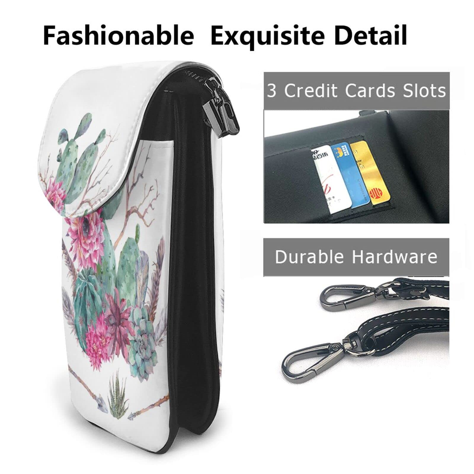 Women Cell Phone Purse Leather Crossbody Bag-Cactus With Boho Style Bouquet Mini Shoulder Bag Card Holder Wallet