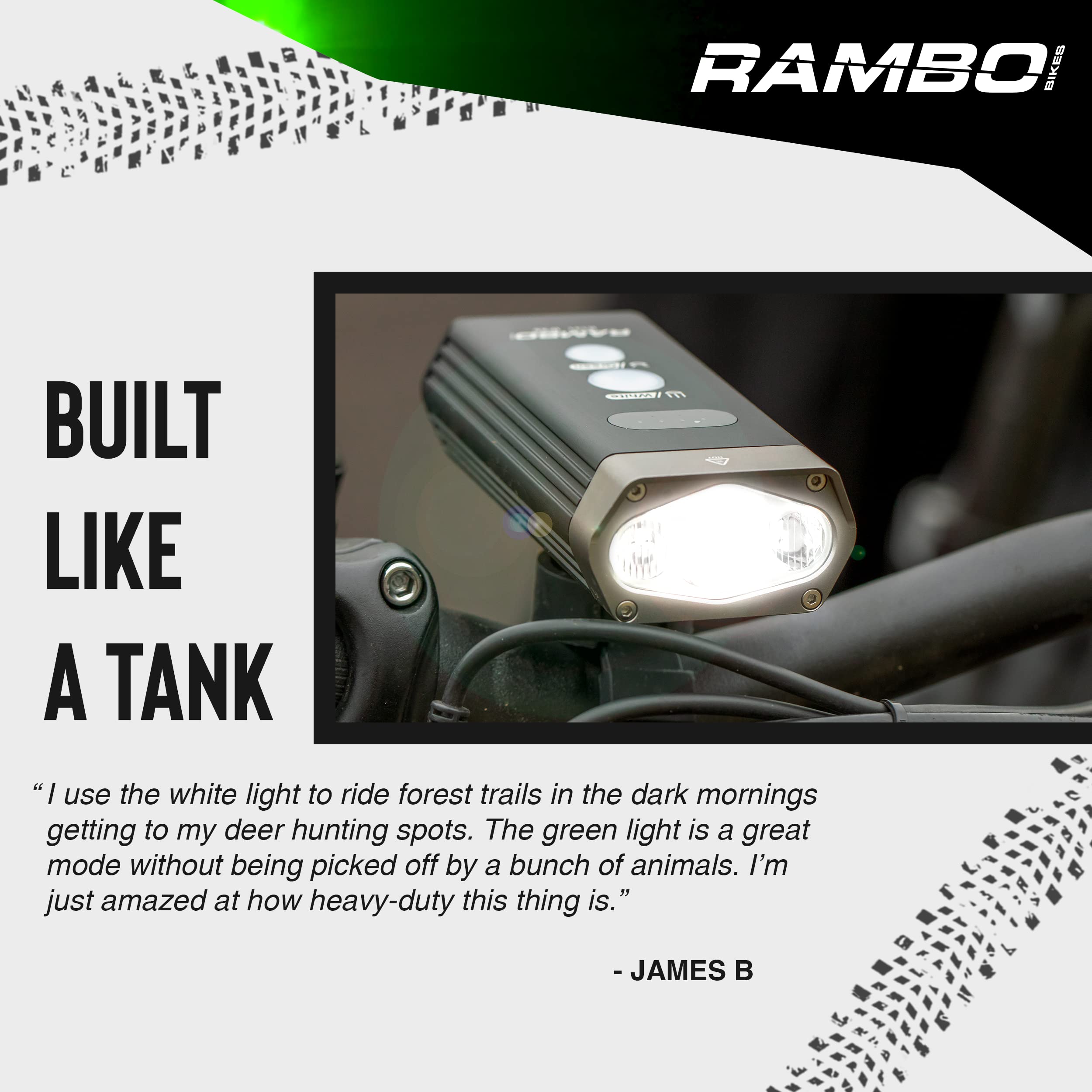 Rambo Bikes Pro Hunter Ultra Bright Flashlight - 1100 Lumens White and Green LED Light - USB Rechargeable LED Headlight, Powerbank, IPX-6 Waterproof Bicycle Light - 3 Light Modes, Impact Resistant