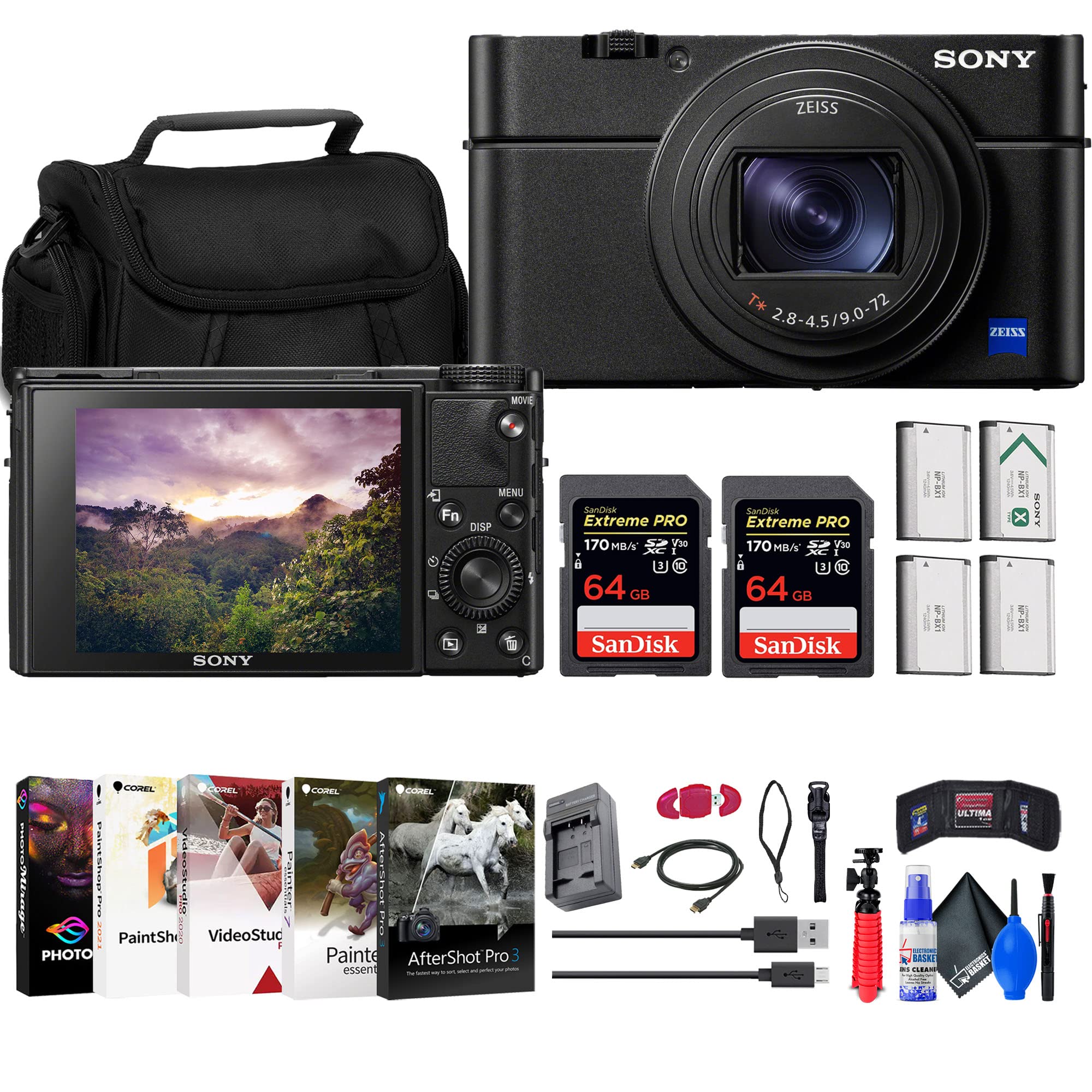 Sony Cyber-Shot DSC-RX100 VII Digital Camera (DSC-RX100M7) + 2 x 64GB Memory Card + Case + 3 x NP-BX1 Battery + Card Reader + LED Light + Corel Photo Software + HDMI Cable + Charger + More (Renewed)