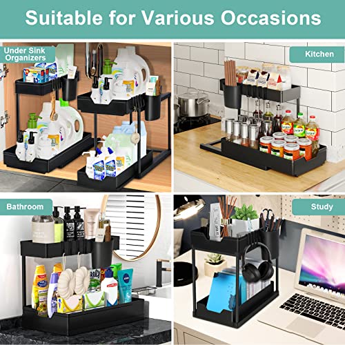 Under Sink Organizers and Storage 2 Pack, Sliding Under Kitchen Sink Storage 2 Tier Bathroom Cabinet Organizer with 8 Hooks & 2 Hanging Cups Multi-Use Under Sink Shelf for Kitchen Bathroom, Black