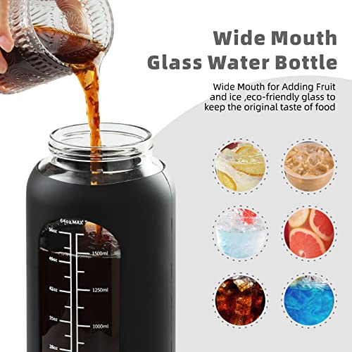 SIEROZUR 74oz Glass Water Bottle Jug with Straw 2.2L Large Half Gallon Motivational Bottle with Handle and Time Marker Wide Mouth Water Canteen with Silicone Sleeve