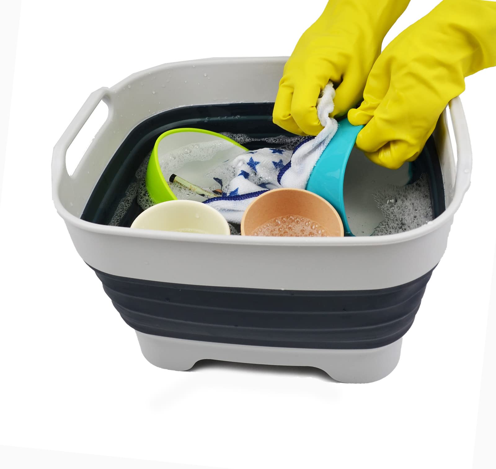 SAMMART 9L Collapsible Dishpan with Draining Plug - Foldable Washing Basin - Portable Dish Washing Tub - Space Saving Kitchen Storage Tray (Grey/Slate Grey, 1)