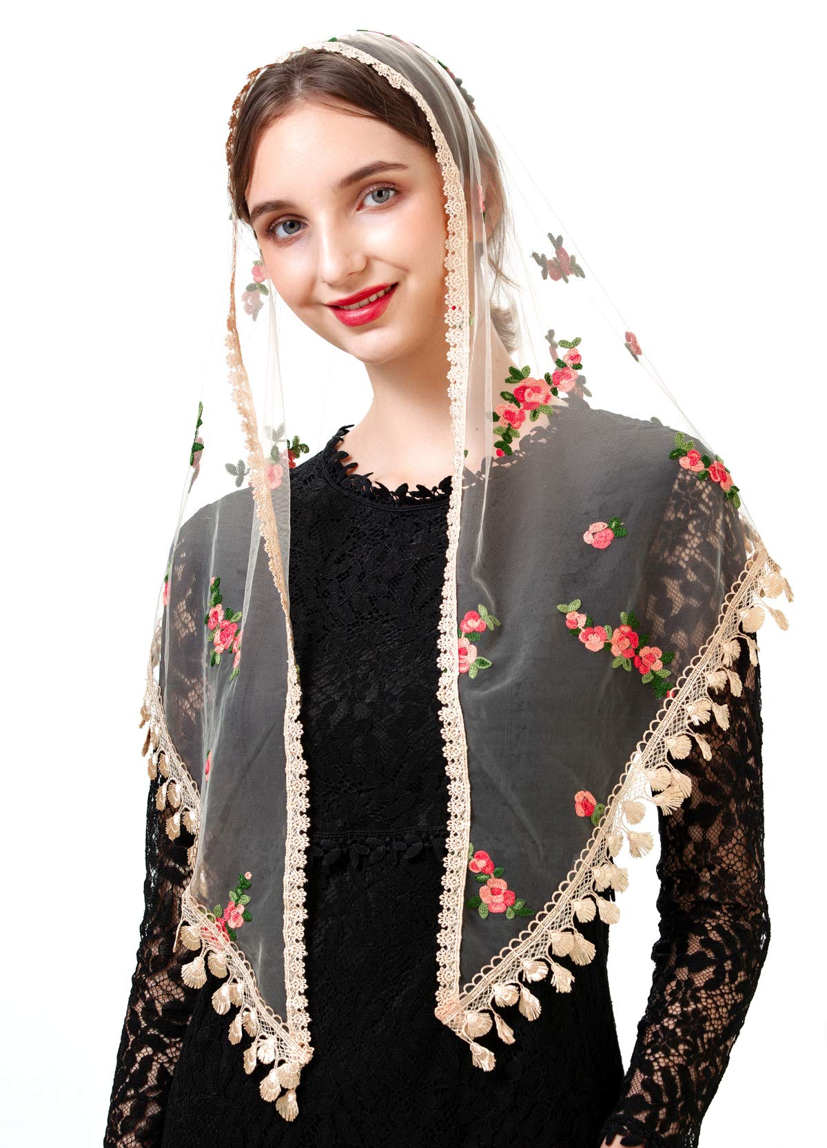PAMOR Triangle Little Flower Chapel Veils Embroidered Scarf Shawl Latin Mass Head Covering Mantilla Veil for Church (Champagne Rose)
