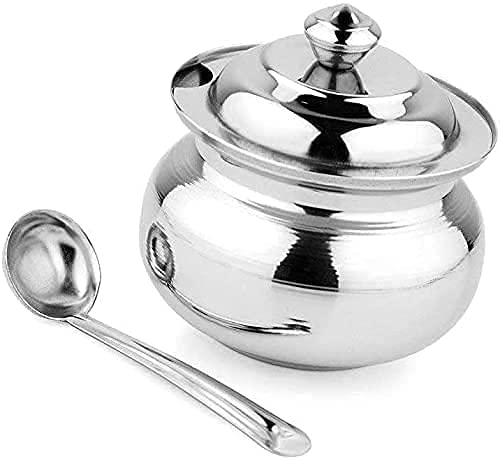 Vaishnavi Creations Stainless Steel Ghee Pot With Spoon And Lid, Clarified Butter Storage Container Storage Pot For Ghee Sugar Salt etc, Silver, Length 3.2 X Width 3.2 X Height 2.5 Inch