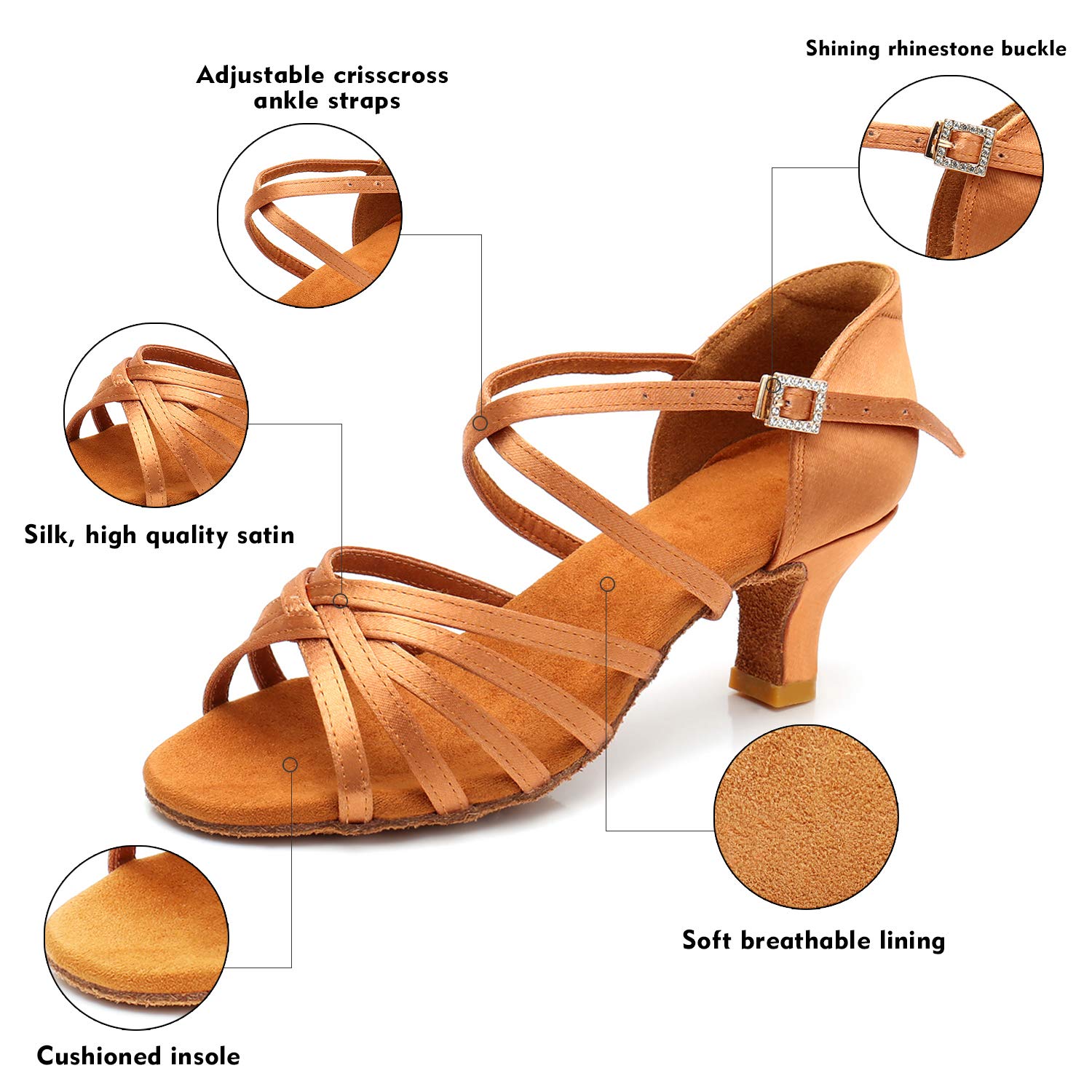 RoseMoli Women's Latin Dance Shoes Satin Professional Ballroom Salsa Practice Performance Dance Shoes Tan-2.2