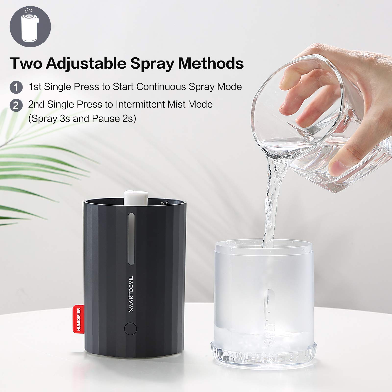 SmartDevil Mini Humidifier, Small Desk Humidifier, USB Personal Humidifiers with 2 Mist Modes, Whisper Quiet, Shut-Off for Bedroom, Plants, Baby Room, Office and Car (Black)