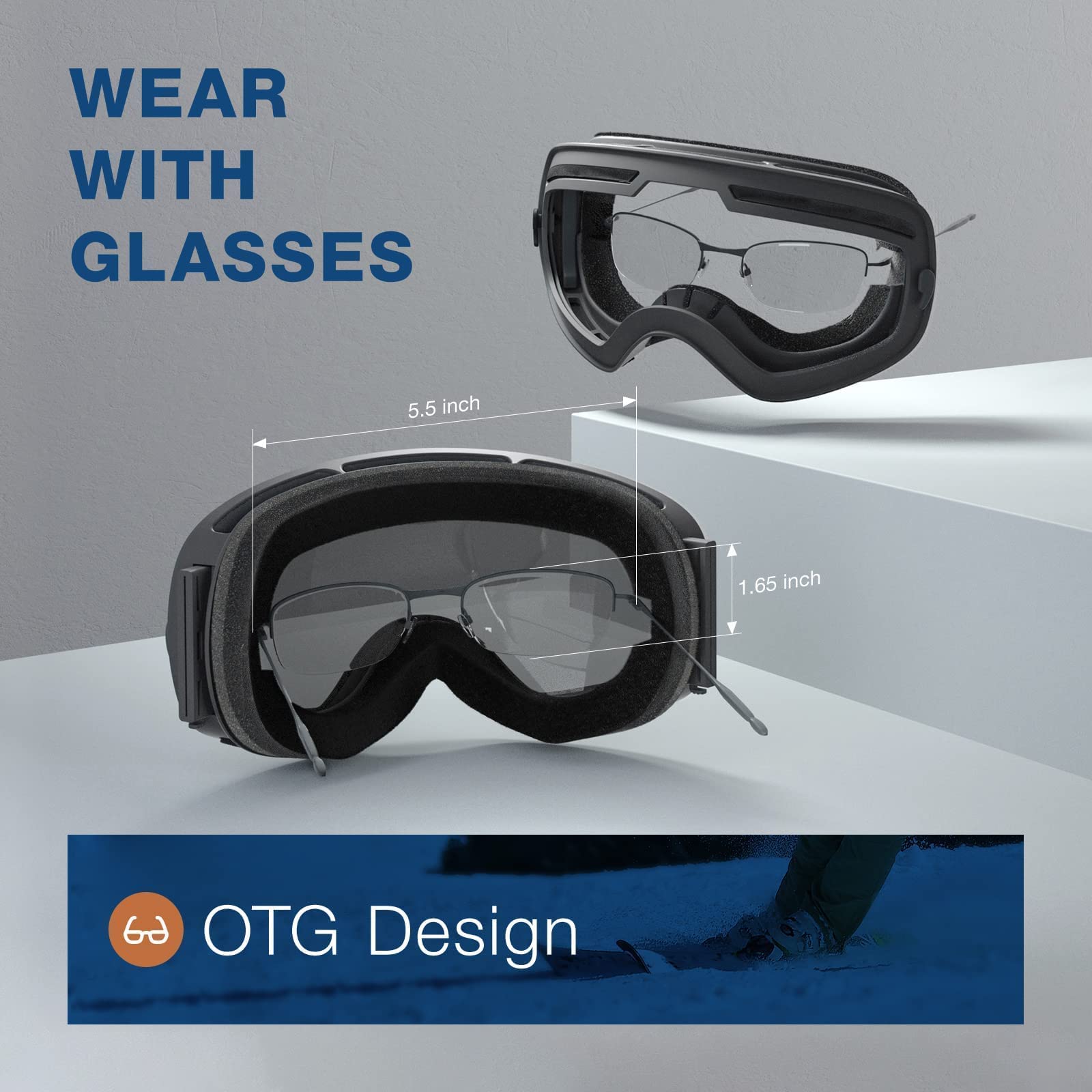 ZIONOR X Ski Snowboard Snow Goggles OTG Design for Men & Women and Ski Goggles Bag