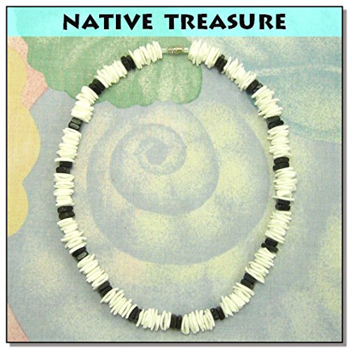 Native Treasure 16" Mens and Womens Summer Beach Surfer Necklace From the Philippines, White Rose Clam Chips Ark Shells with Real Black Clam Chips Accents