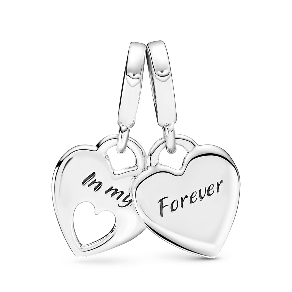 PANDORA Double Heart Split Dangle Charm - Compatible with PANDORA Moments Bracelets - Jewelry for Women - Made with Sterling Silver & Enamel