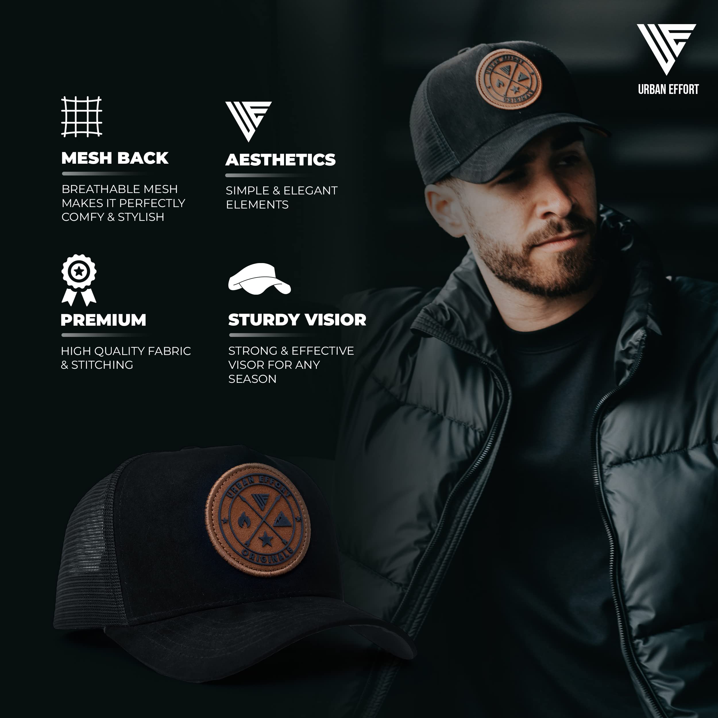 Urban Effort Mesh Trucker Hat,Men and Womens Trucker Hats with Adjustable Strap,Baseball Snapback Closure for Mountaining,Hunting&Hiking (Black)