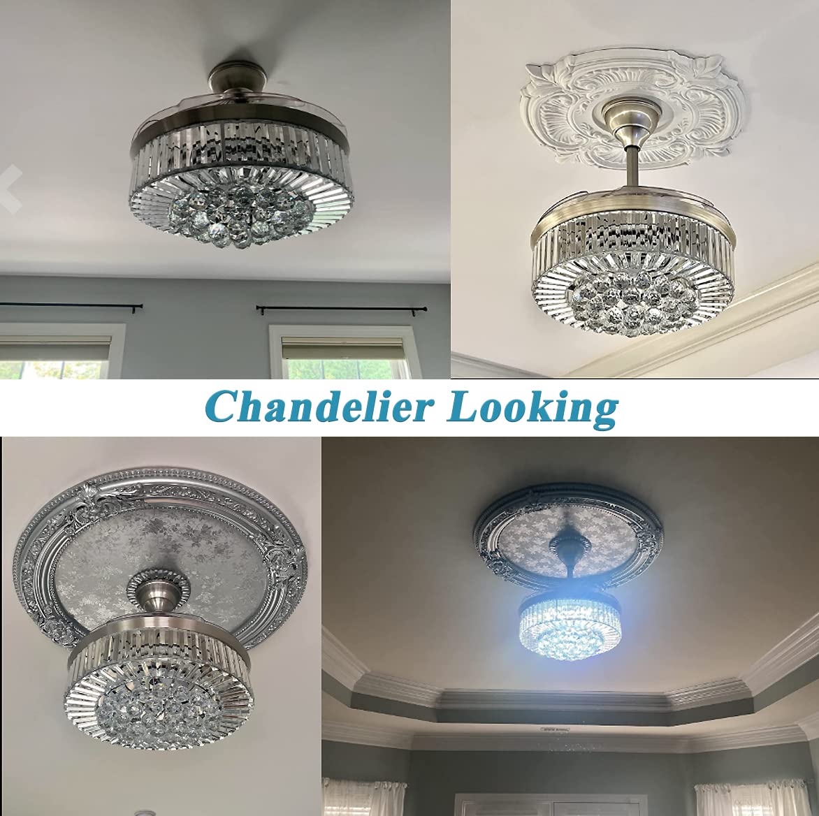 RuiWing 42'' Modern Fandelier Crystal Ceiling Fan with LED Light and Remote Control 3 Light Changes 3 Speeds Noise-Free Chandelier Ceiling Fan for Bedroom Indoor Living Room