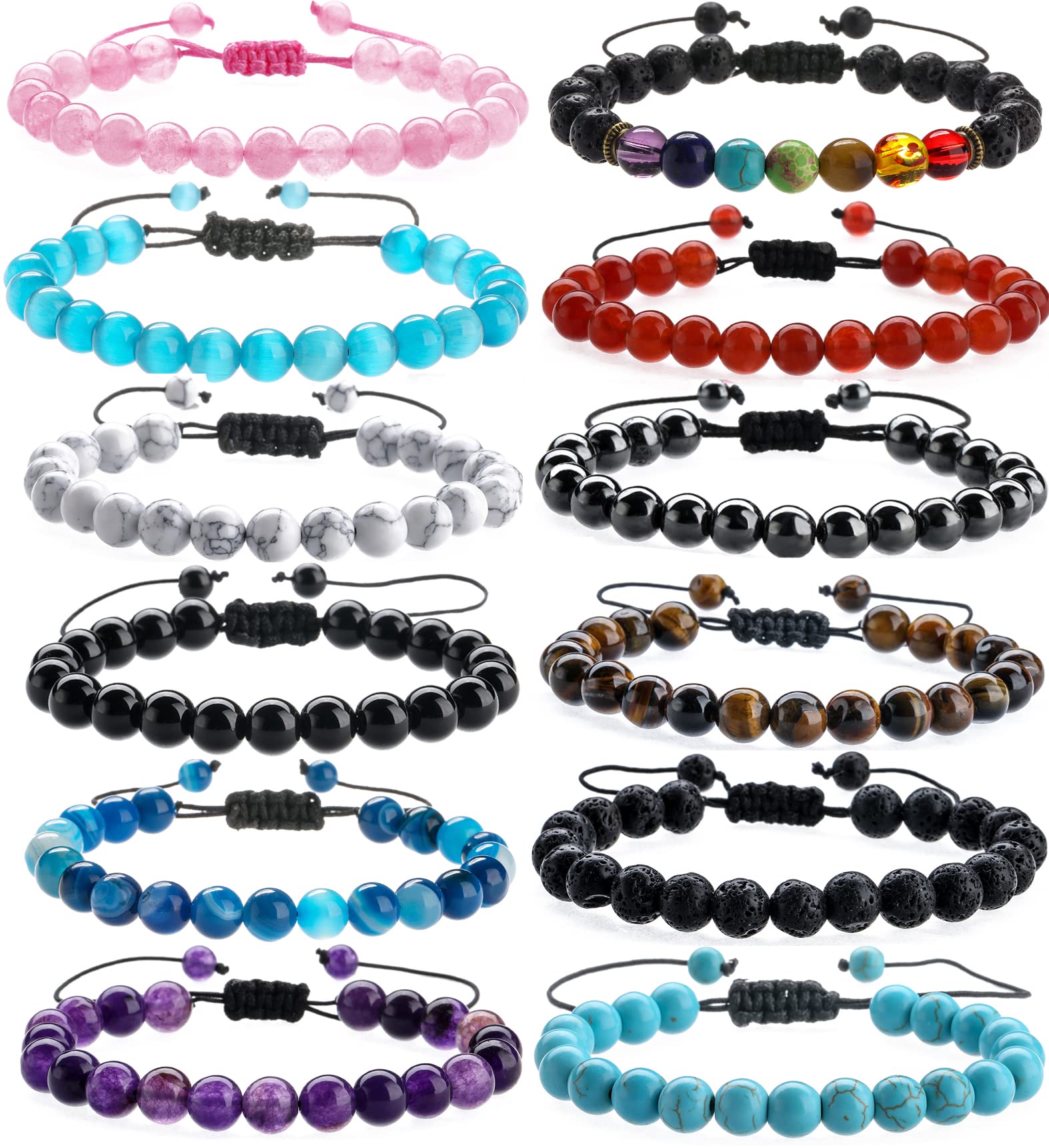 SROBENZ 12 Pcs 8mm Healing Gemstone Adjustable Beads Bracelets for Men Women Chakra Stone Crystal Beaded Bracelets Adjustable Lava Rock Amethyst Bracelets Unisex