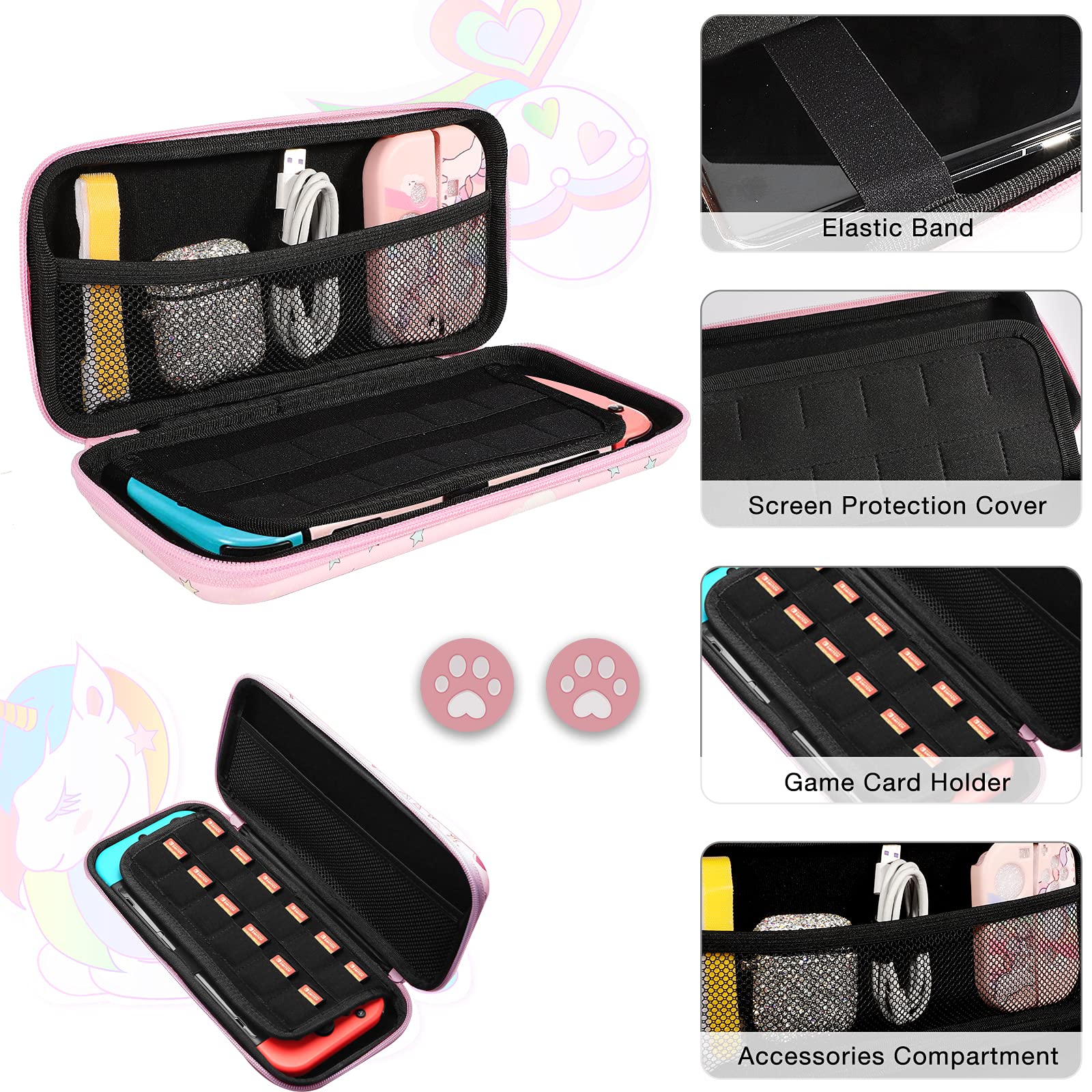 TCJJ Unicorn Hard Carrying Case for Nintendo Switch- Pink Portable Travel Case with Soft TPU Protective Case Cover Compatible with Nintendo Switch for Girls