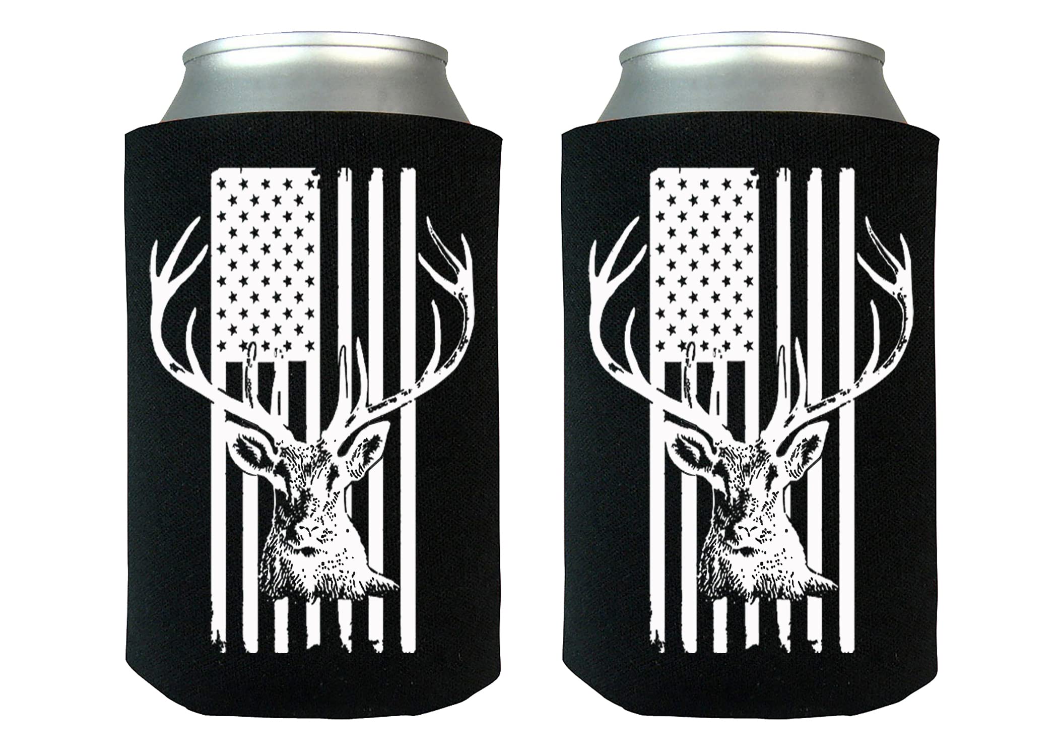 USA Tattered Flag Hunting Collapsible Can Bottle Beverage Cooler Sleeves 2 Pack United States of American Buck