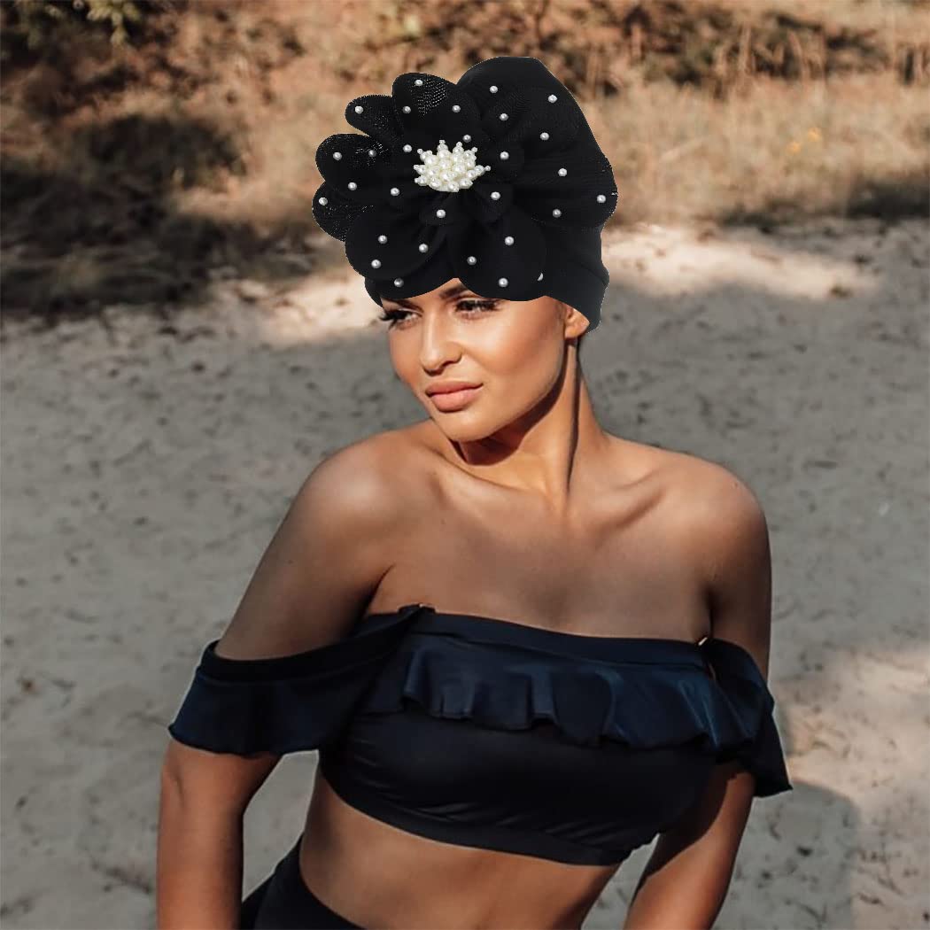 Urieo Pearl Head Wrap Hat African Beanie Headwrap Women Turban Flower Caps