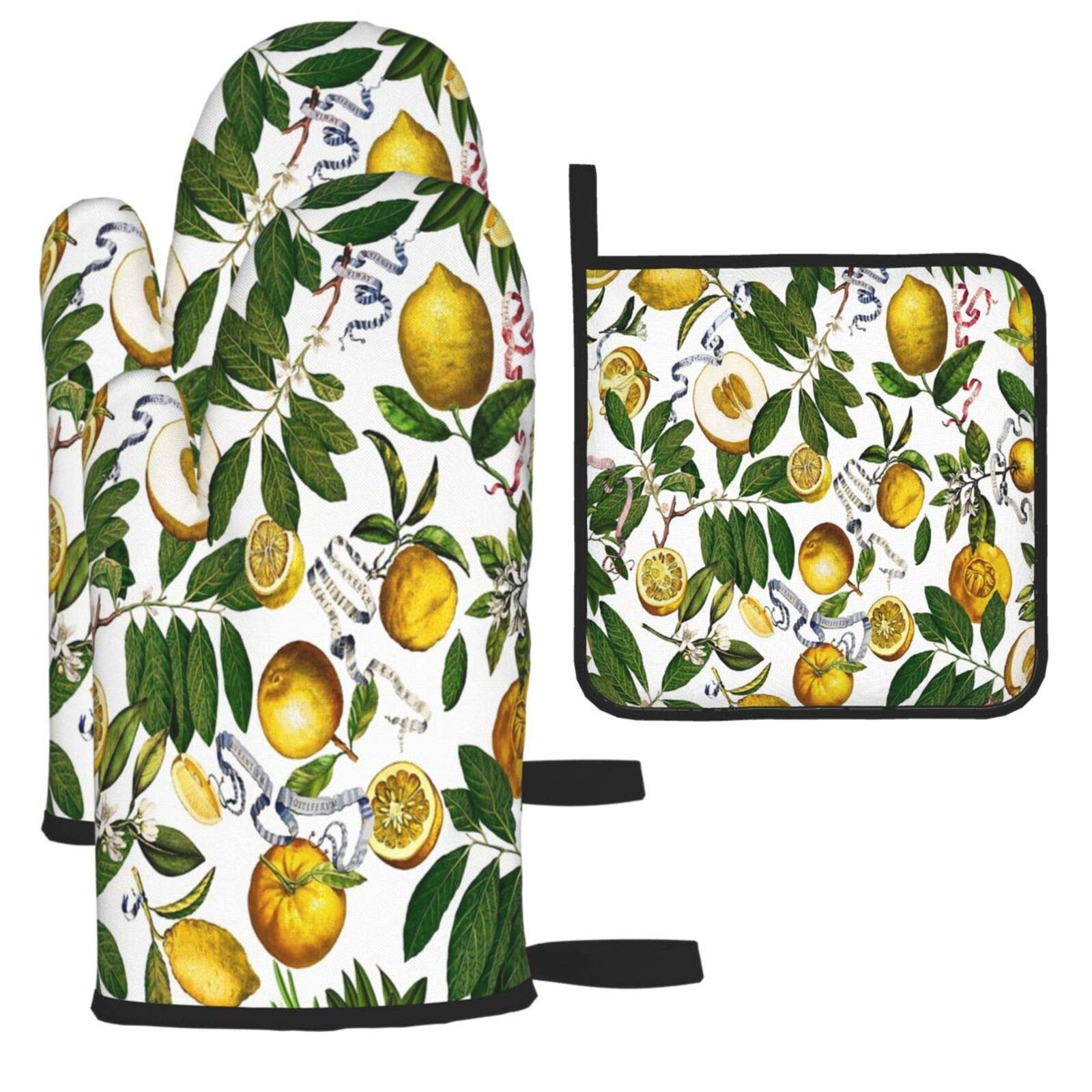 Watercolor Yellow Lemon Oven Mitts and Pot Holders Set of 3 Lemons Hot Pads with Non-Slip Heat Resistant Microwave Golves for Kitchen Cooking Grilling BBQ