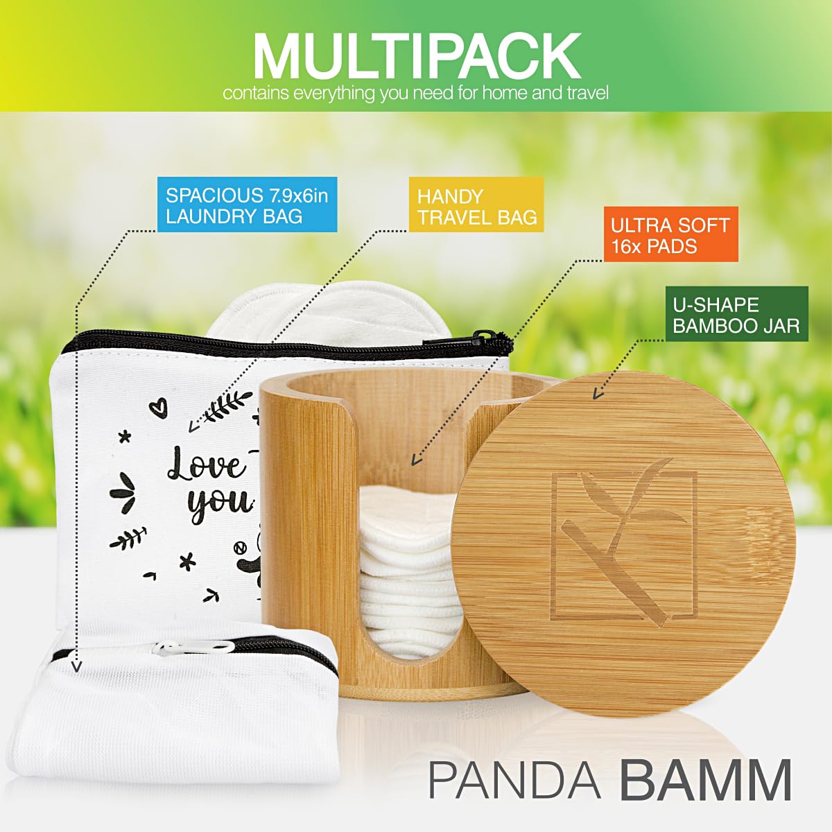 Panda Bamm- Reusable Makeup Remover Pads Multi-pack, 16 pcs - Zero Waste Reusable Cotton Rounds, Bamboo Storage Jar for Reusable Cotton Pads, Eco Friendly Travel Bag, Laundry Bag