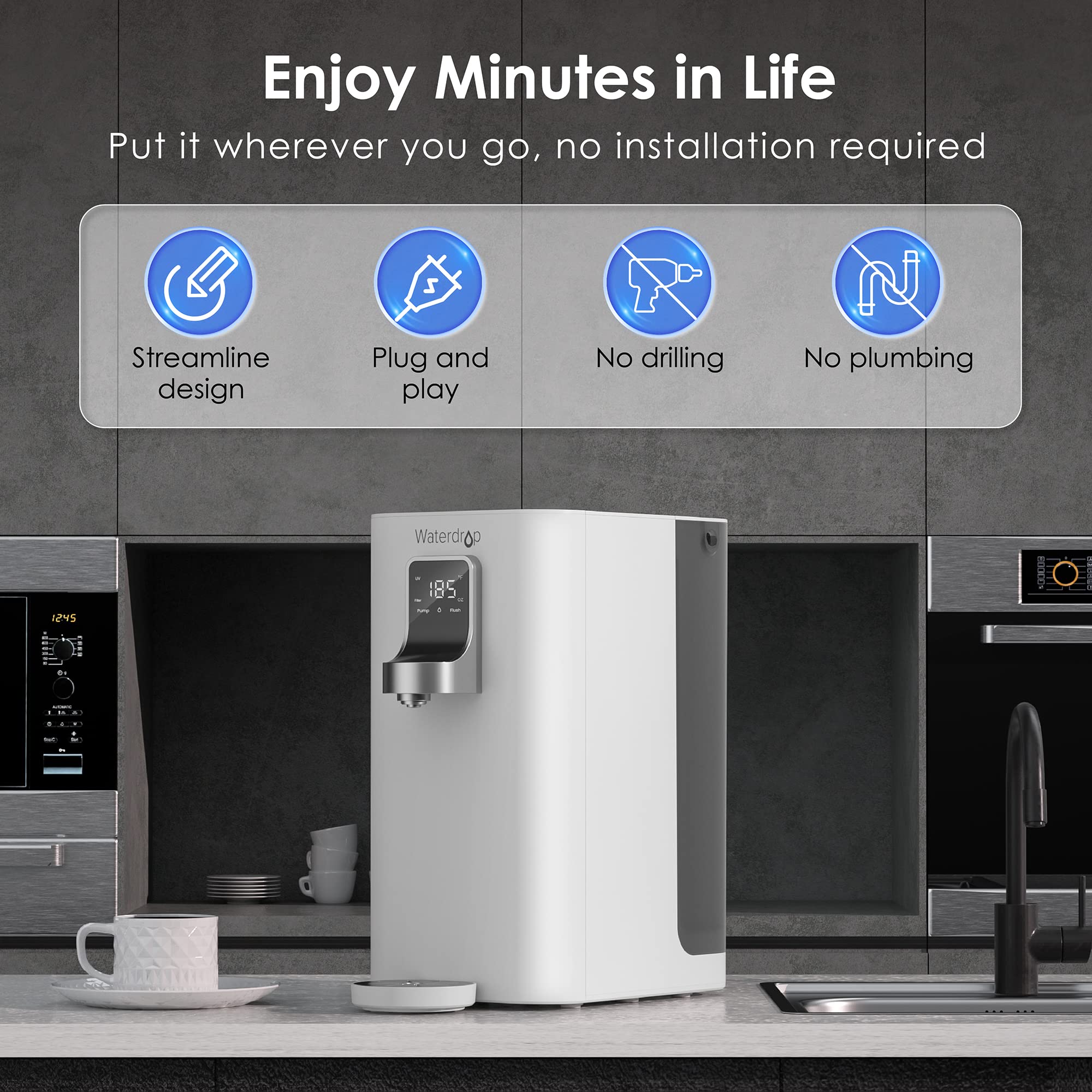 Waterdrop K19-H Countertop Reverse Osmosis System, 𝐈𝐧𝐬𝐭𝐚𝐧𝐭 𝐇𝐨𝐭 Water Dispenser, 4 Stage Reverse Osmosis Water Filter Countertop, 3:1 Pure to Drain, 4 Temperature Options, No Installation