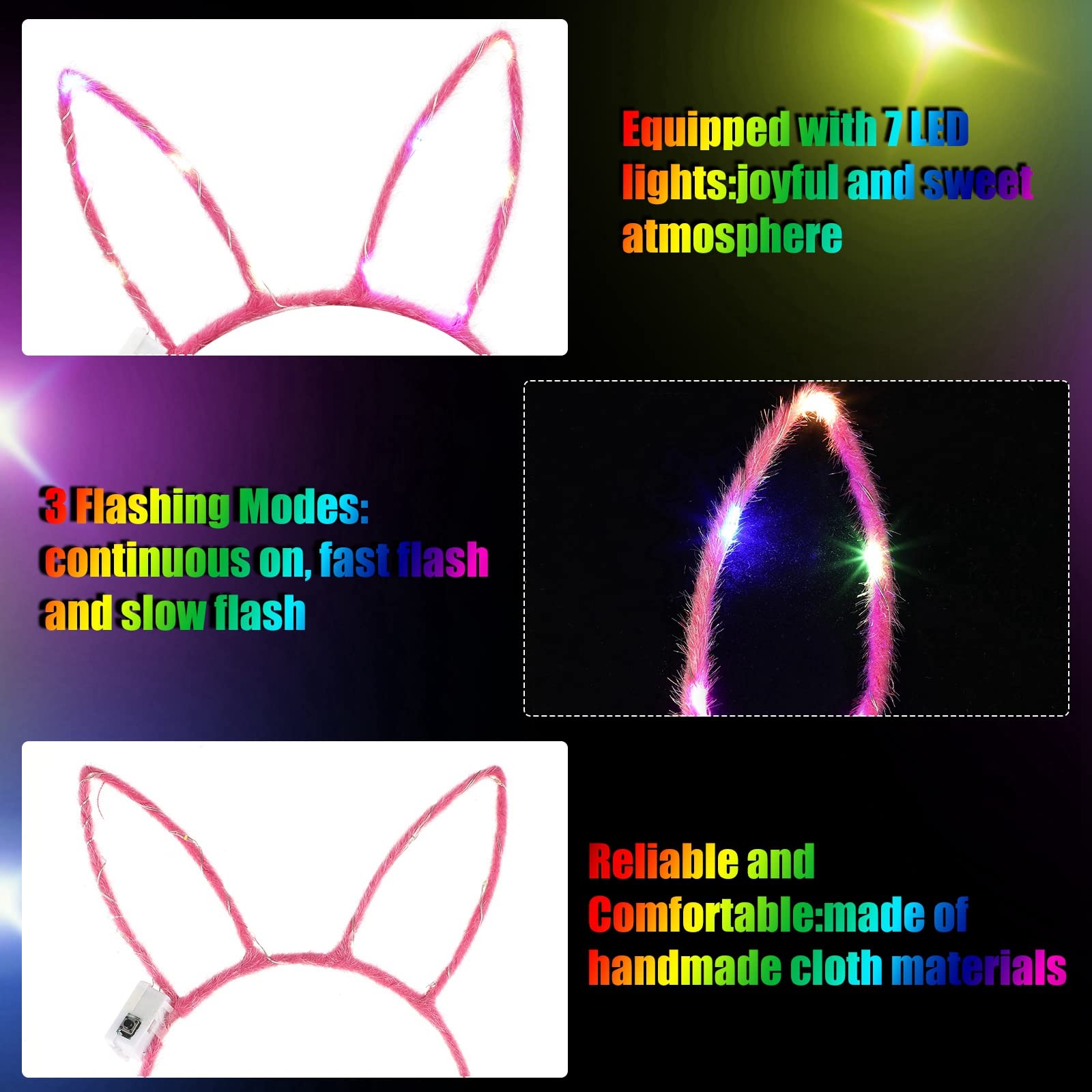 WILLBOND 40 Pcs Light up LED Bunny Ears Headband Glow Hair Accessories for Women Costume Party Supply, 10 Colors
