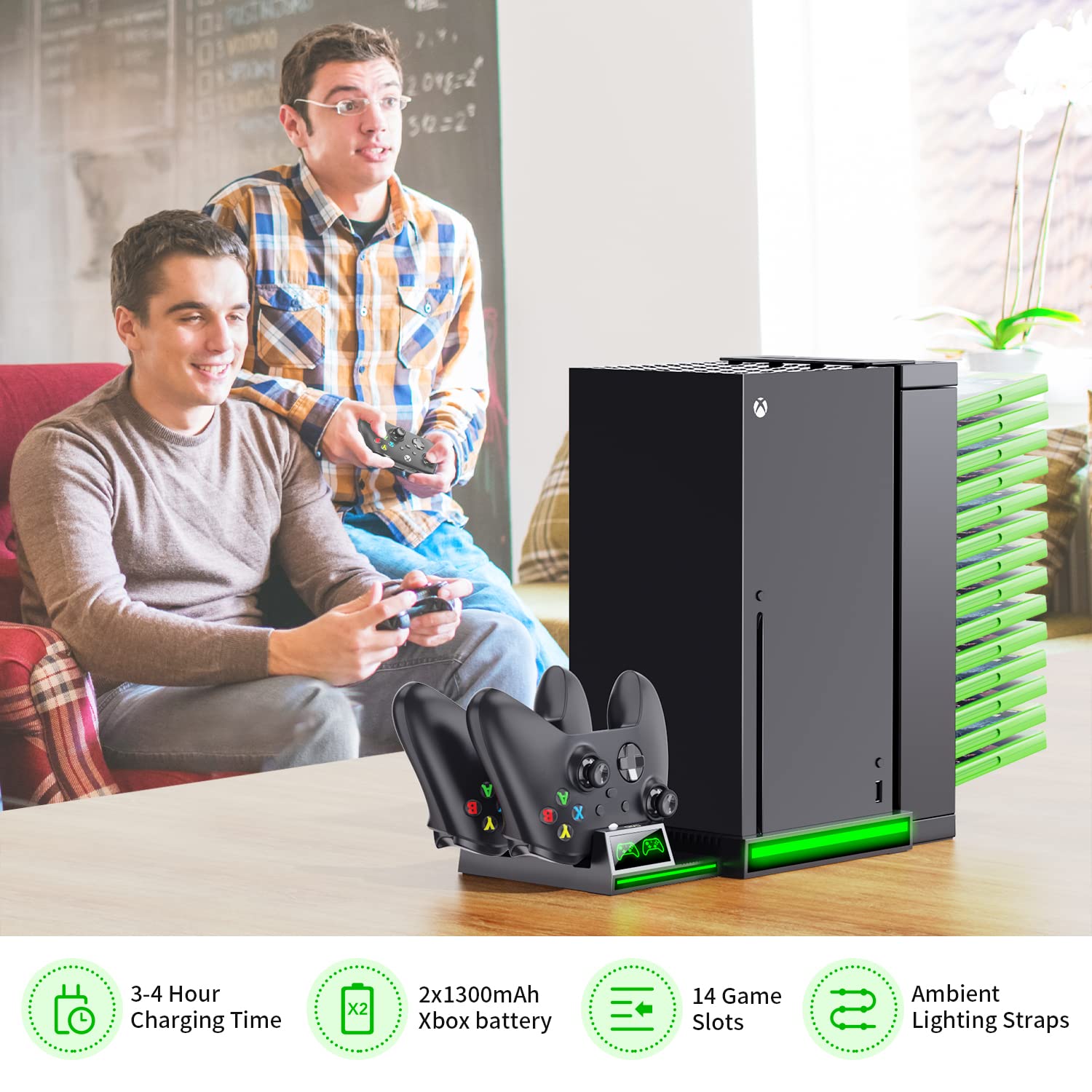 Vertical Stand Compatible Xbox Series X Console, OIVO Controller Charging Station with 2x1300mAh Rechargeable Battery for Xbox Series X|S, Xbox One S|X, Xbox Controller Charger with 14 Slots