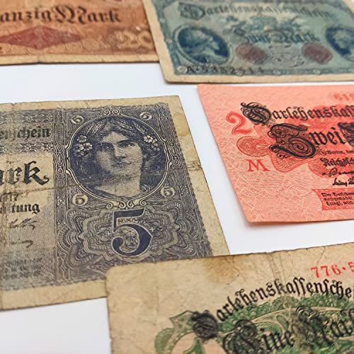 WWI German Empire Collection - 7 banknotes Issued from 1914 to 1918. Certificate of Authenticity Included