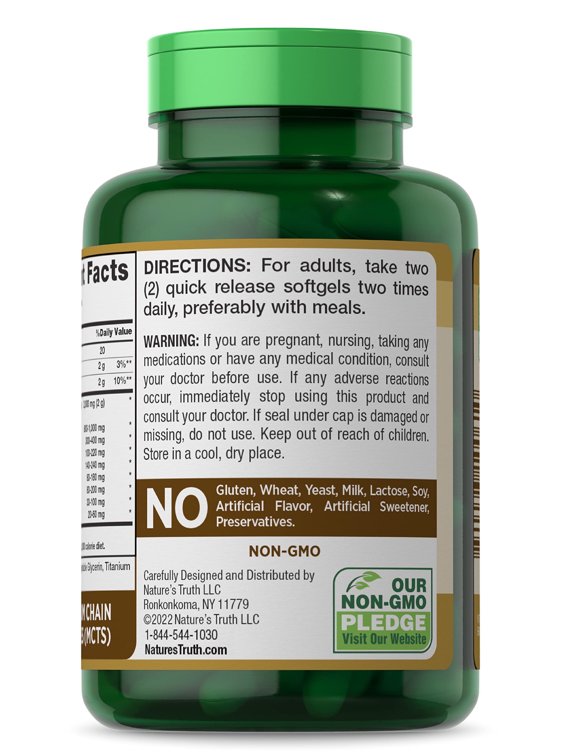 Nature's Truth Coconut Oil Capsules | 100 Softgels | Naturally Occuring MCTs | Non-GMO & Gluten Free