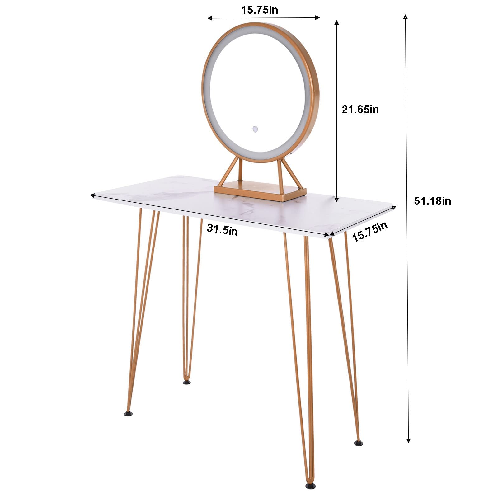 Vanity Desk with Lighted Mirror, Marble Makeup Table, Dressing Table with Cushioned Stool, Bedroom Makeup Vanity Dressing Desk for Women Girls, Adjustable Brightness