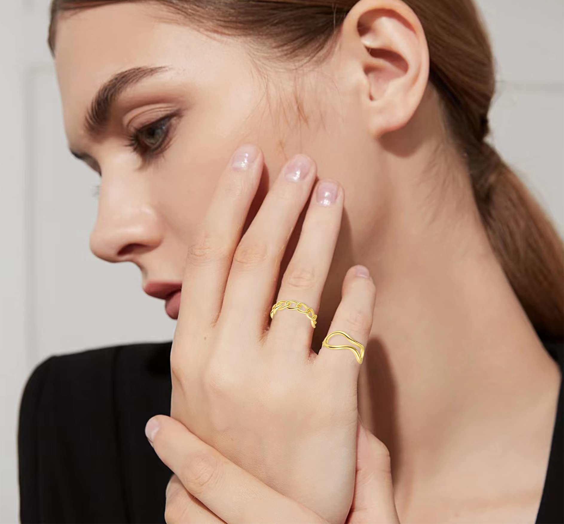 ZOERAY 12PCS Adjustable Stackable Rings for Women 14K Gold Silver Plated Knot Wave Heart Pearl Open Rings Knuckle Thumb Rings Set for Women