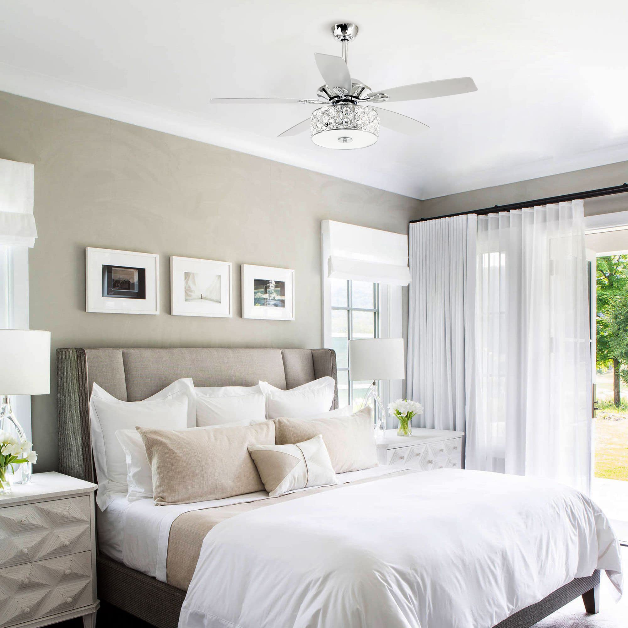 Parrot Uncle Ceiling Fans with Lights and Remote 52 Inch Chandelier Ceiling Fan with Light for Bedroom, Reversible Motor, 3 Speeds, Timer, Silver