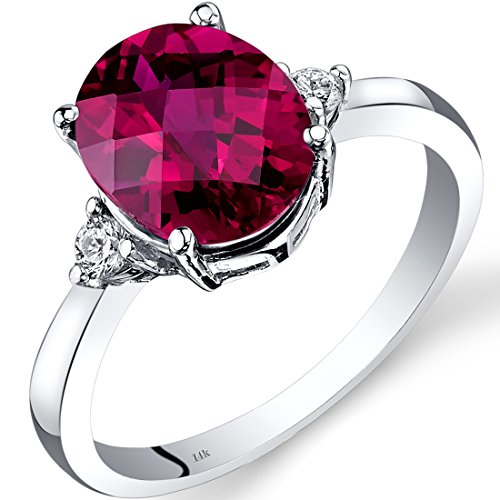 PEORA Created Ruby and Genuine Diamond Ring for Women 14K White Gold, 3.50 Carats Oval Shape 10x8mm