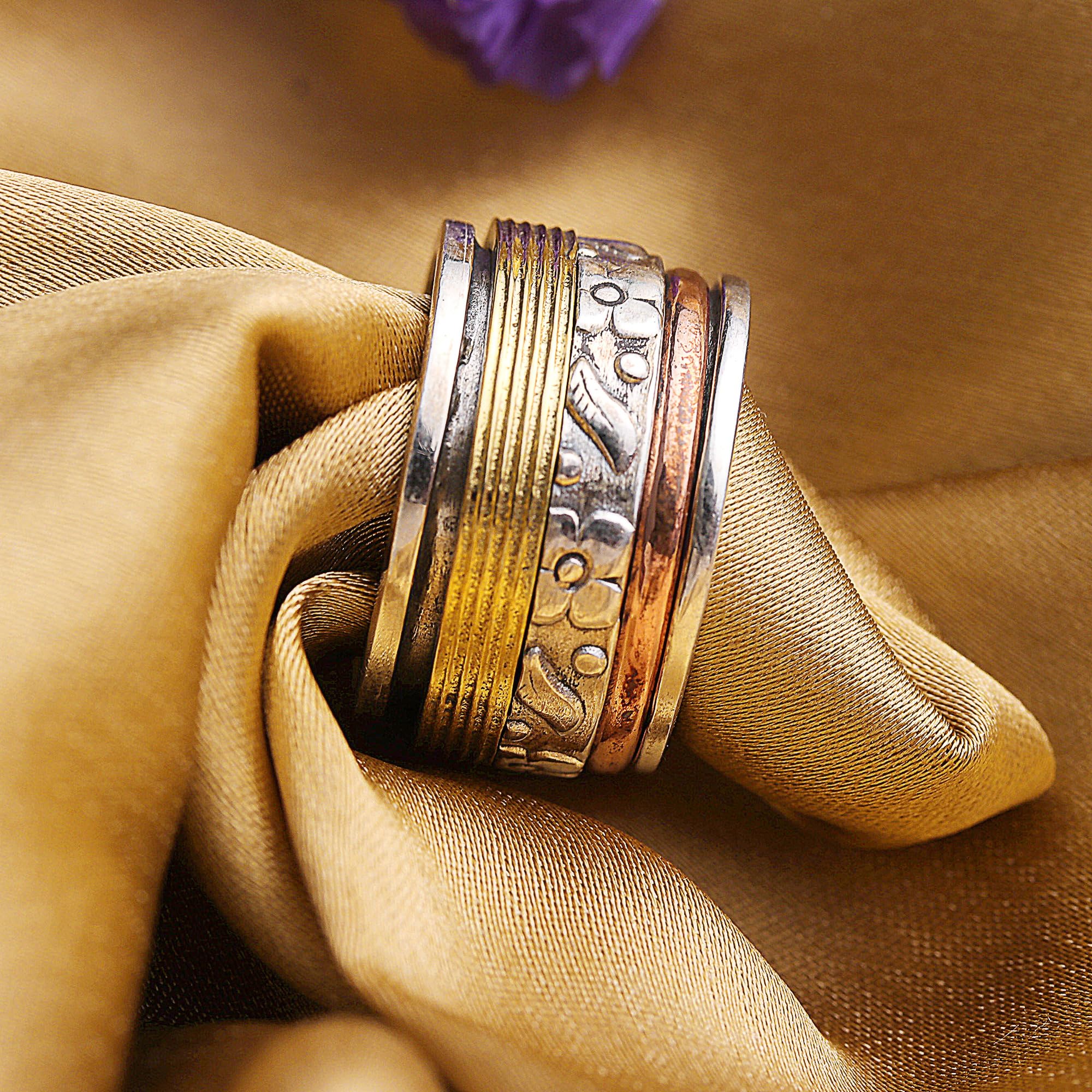 NOVICA Artisan Handmade Sterling Silver Meditation Spinner Ring Copper Brass Indian Floral No Stone [band Width 10 mm W] ' Floral Sheen'