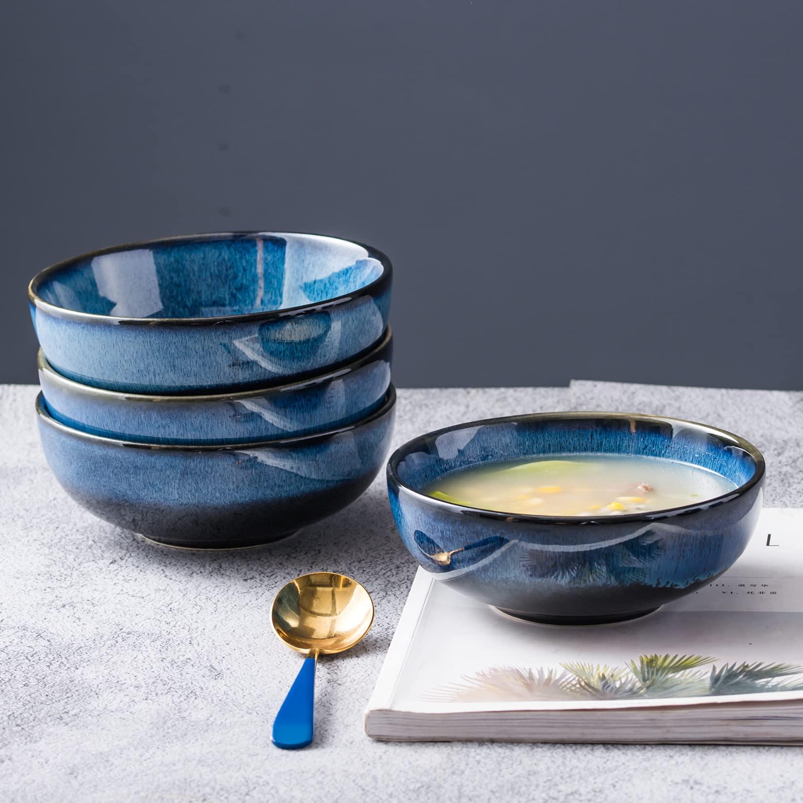 UNICASA Ceramic Cereal Bowls Set, 18 OZ Salads Bowls Set of 4, Dessert Serving Bowl for Soup, Reactive Glaze Ramen Bowls, Microwave Oven and Dishwasher Safe, Blue