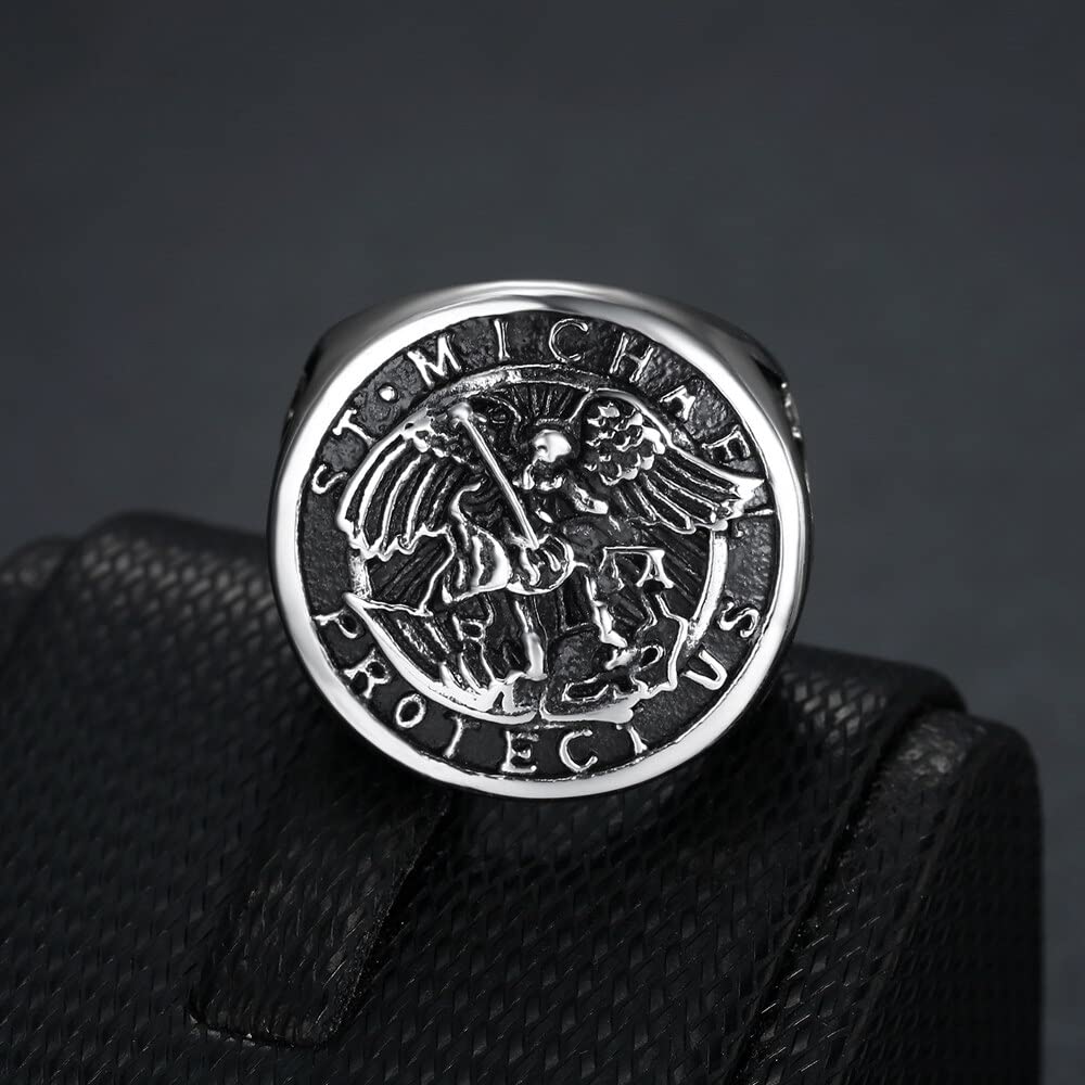 Vintage Stainless Steel Angel Michael Ring for Men Boy Punk Christian Knight Saint Michael Protect Us Ring Jewelry Gift, Between Gold, 11