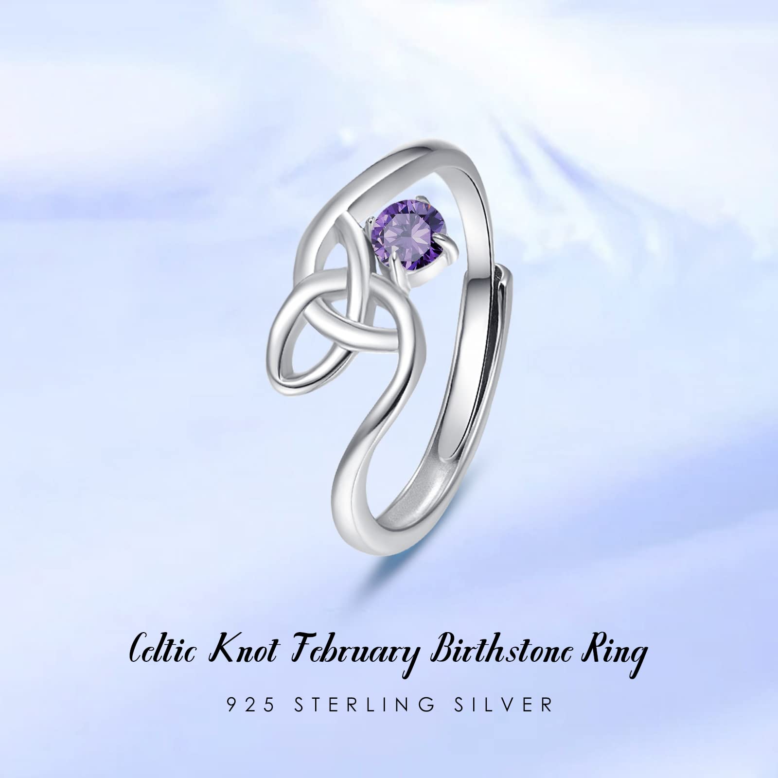 TRISHULA Celtic Knot Birthstone Ring,925 Sterling Silver February Birthstone Adjustable Open Ring for Women Forever Love Celtic Knot Thumb Ring Gift for Women Teen