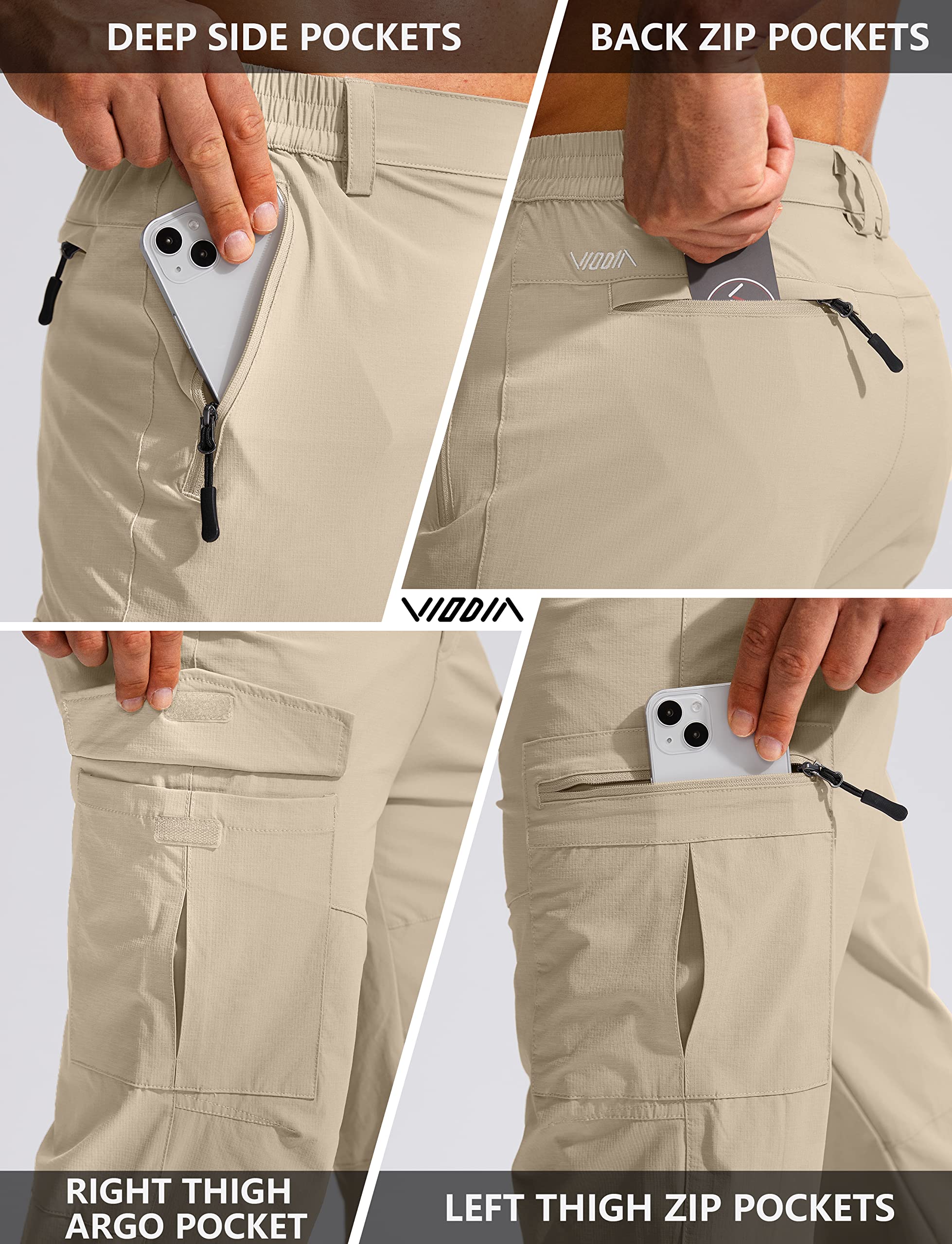 Viodia Men's Hiking Cargo Pants with 6 Pockets Ripstop Waterproof Stretch Joggers Pants for Men Golf Work Travel Light Khaki