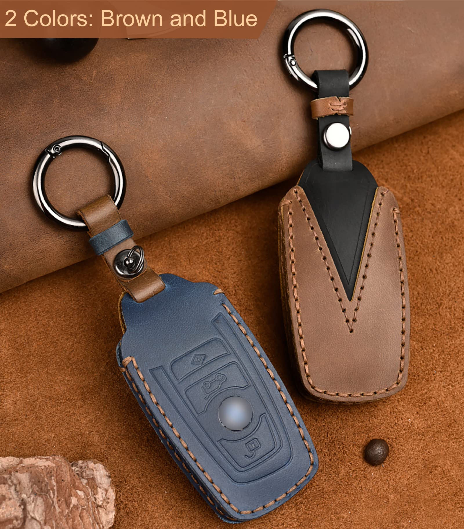 OLLEN Genuine Leather No Screws Key Fob Cover Fit for BMW 1 3 4 5 6 7 Series X3 X4 M5 M6 GT Series etc, Square Shape, Blue