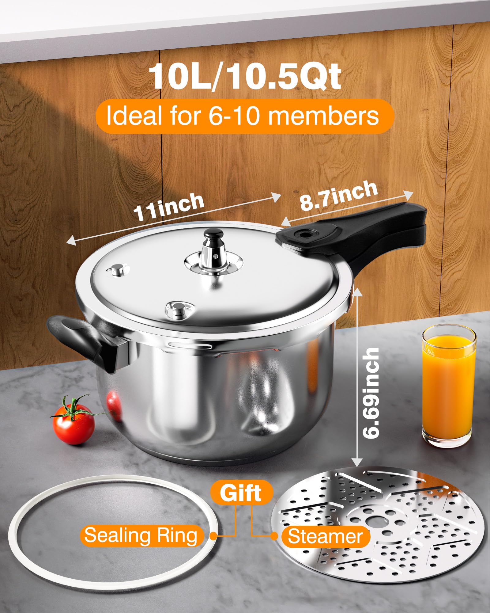 WantJoin Stainless Steel Pressure Cooker(Non-Aluminum),10 Quart Induction Compatible Pressure Cooker with Spring Valve Safeguard Devices,Compatible with Gas & Induction Cooker