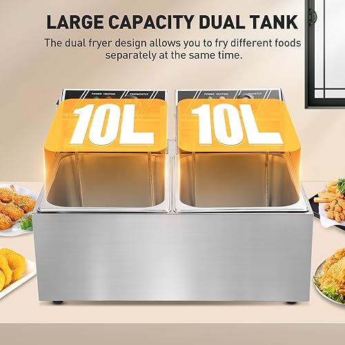 Rengue Commercial Deep Fryer 10.57QT x 2 Large Electric Deep Fryer with 2 Baskets and 2 Lids Countertop Fryer with Constant Temperature Control System for Restaurant and Home Use 3400W