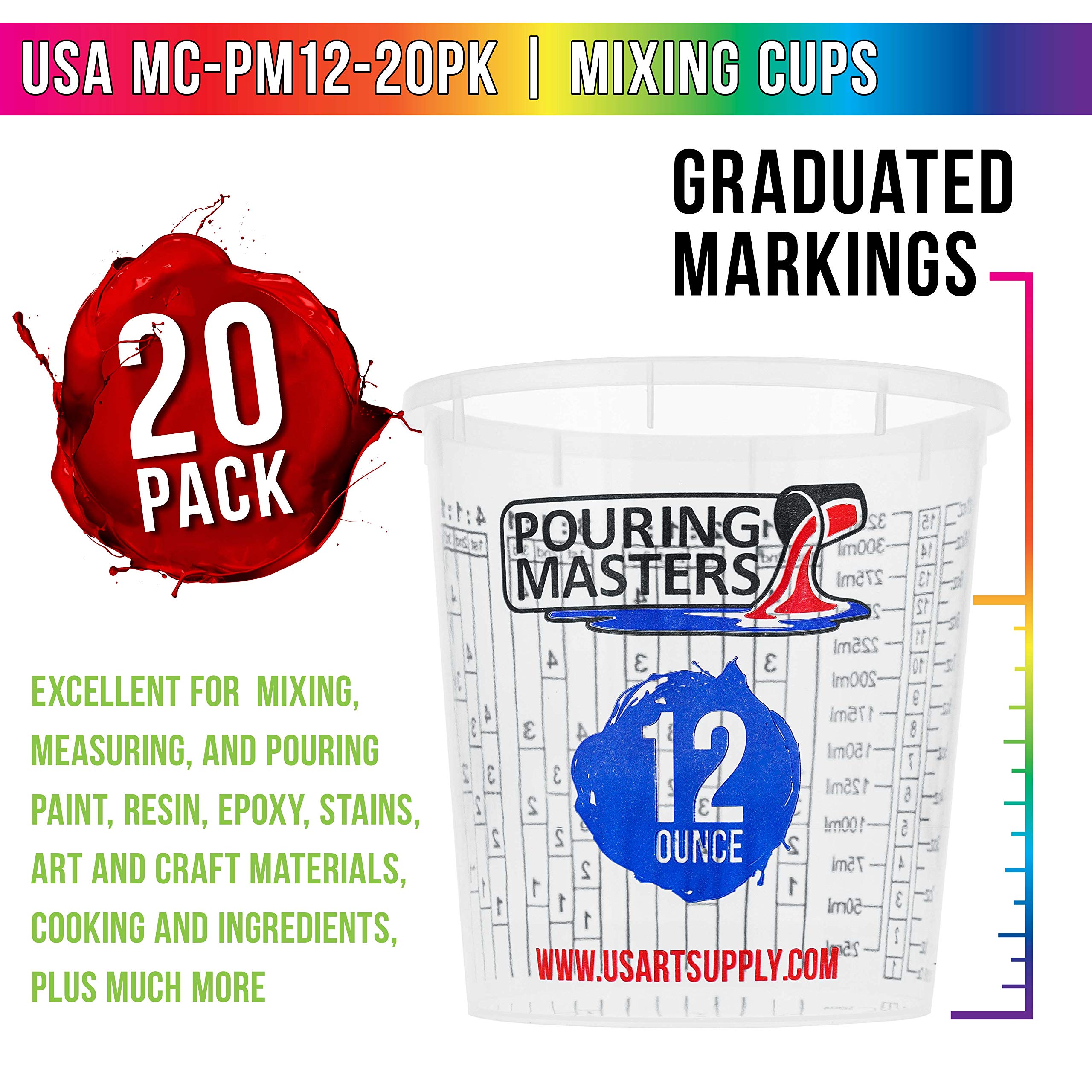 Pouring Masters 12 Ounce (350ml) Graduated Plastic Mixing Cups (Box of 20) - Use for Paint, Resin, Epoxy, Art, Kitchen, Cooking, Baking - Measurements in OZ. and ML., 4 Different Measuring Ratios 1:1