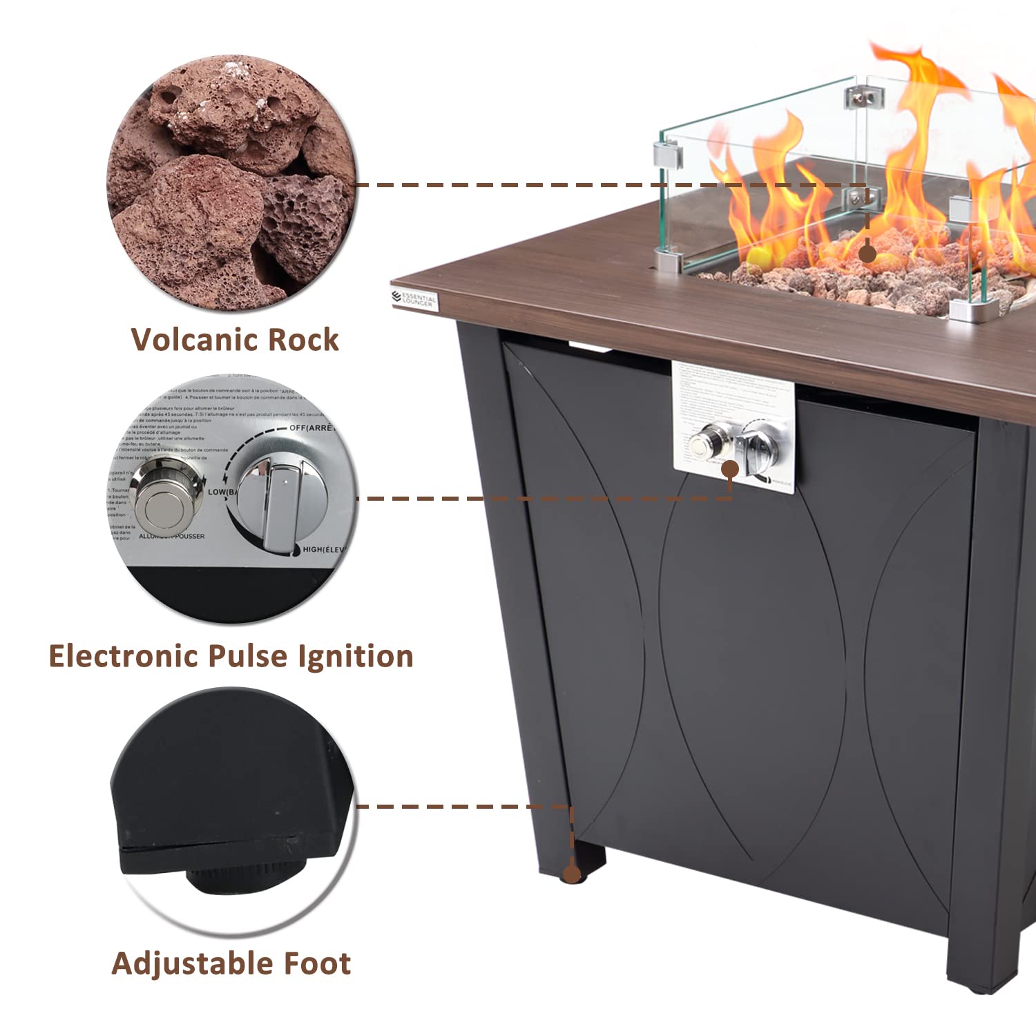 Ulsum Outdoor 28 Inch Gas Fire Table, 50,00 BTU Square Metal GasOutdoor Fire Pit Table with Lid, Glass Wind Guard, Waterproof Cover and Lava Rocks, Propane Fire Pit Table Small Fire Pit for Outside
