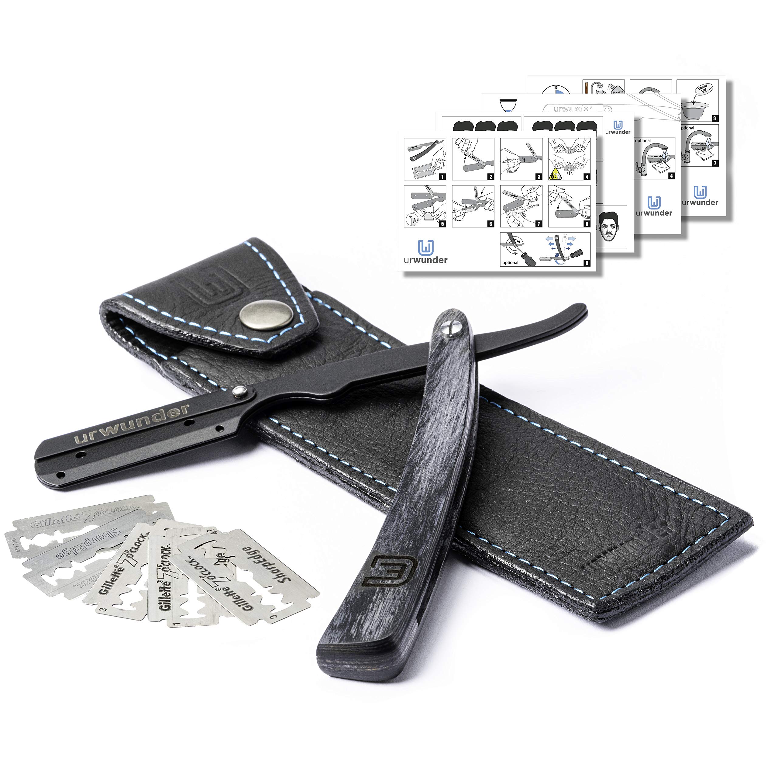 Precise German Straight Razor - urwunder - Beardo - Genuine Leather Case - Simple Manuals - 4-Pin Blade Holder [Black Arm/Black Wood]