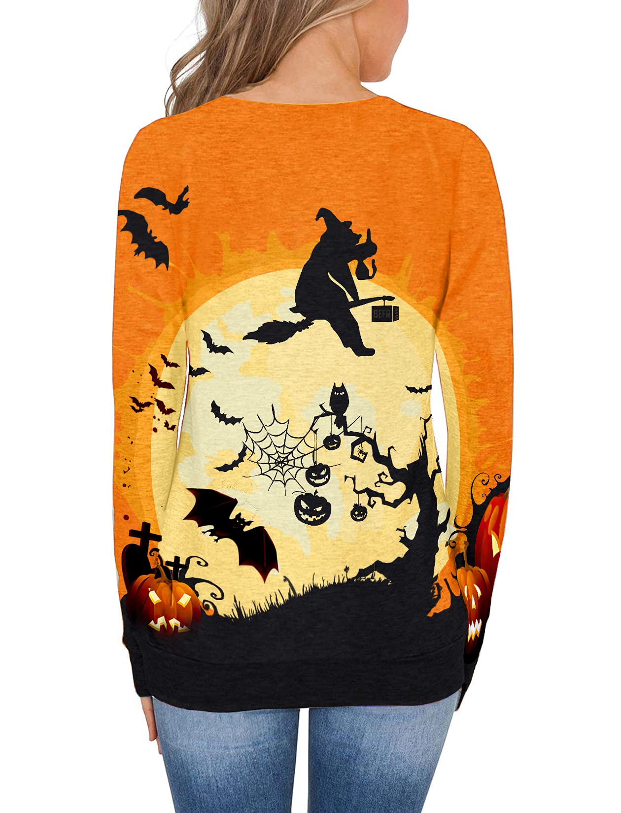 SENFURE Halloween Shirt for Women Long Sleeve Cartoon Print Casual Loose Fit Sweater Top, Orange, Medium