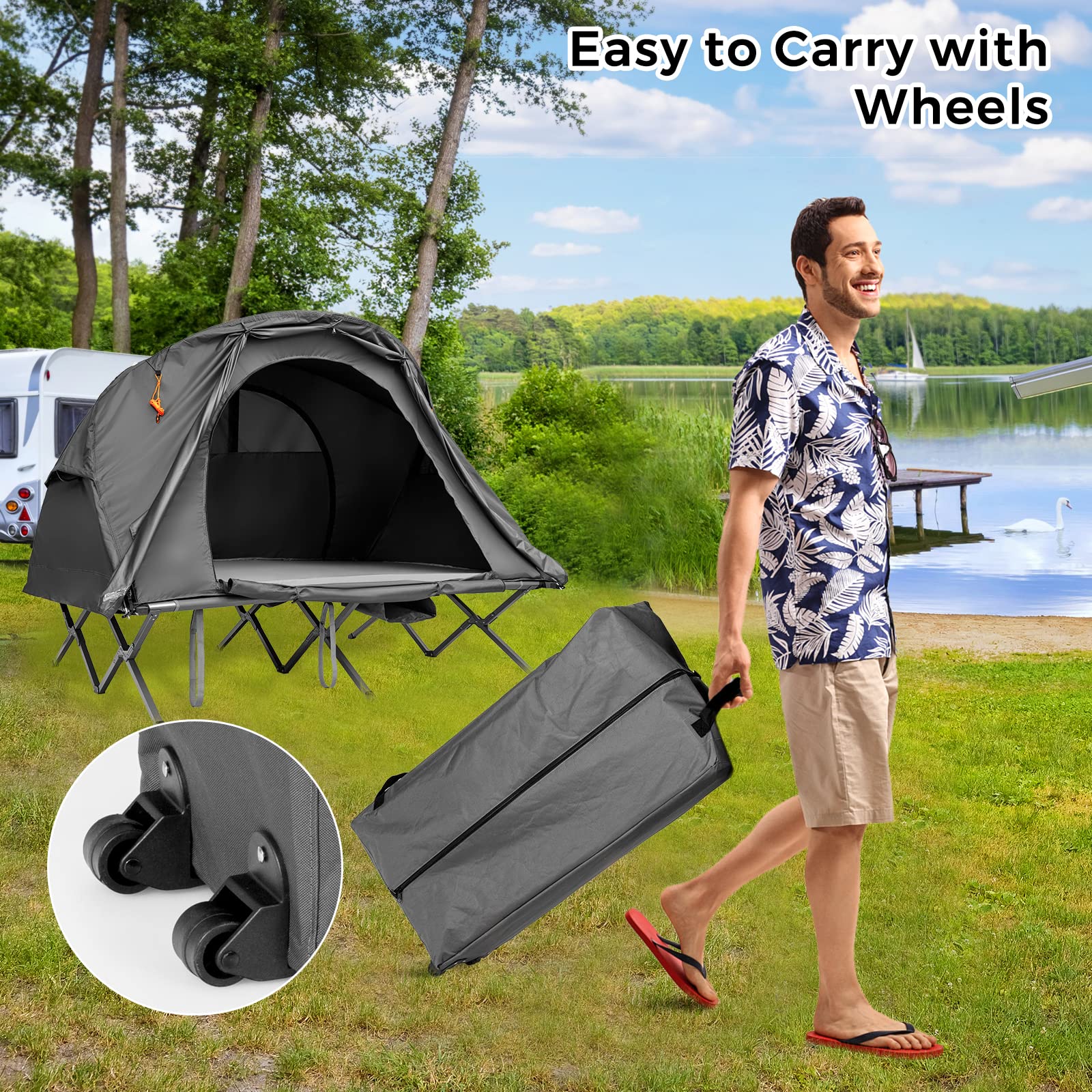 Tangkula 2-Person Tent Cot, 4-in-1 Folding Tent with Waterproof Rainfly, Self-Inflating Mattress & Roller Carrying Bag, Portable Off Ground Elevated Tent with Shoe Storage Pocket & Lamp Hook (Grey)