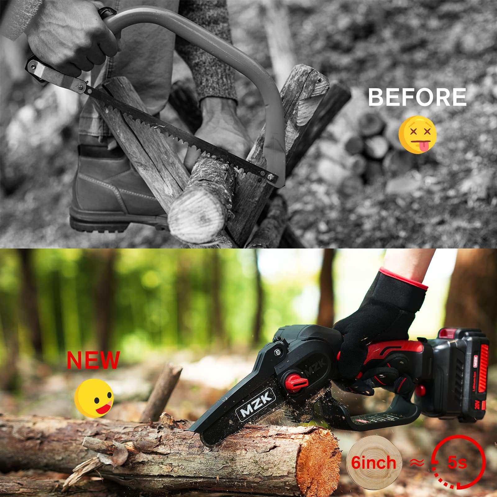 MZK 6 Inch Cordless Mini Chainsaw, 20V 2Ah Battery Chainsaw,Handheld Small Chainsaw with Splash Guard for Tree Branches, Courtyard and Garden(Battery and Charger Included)