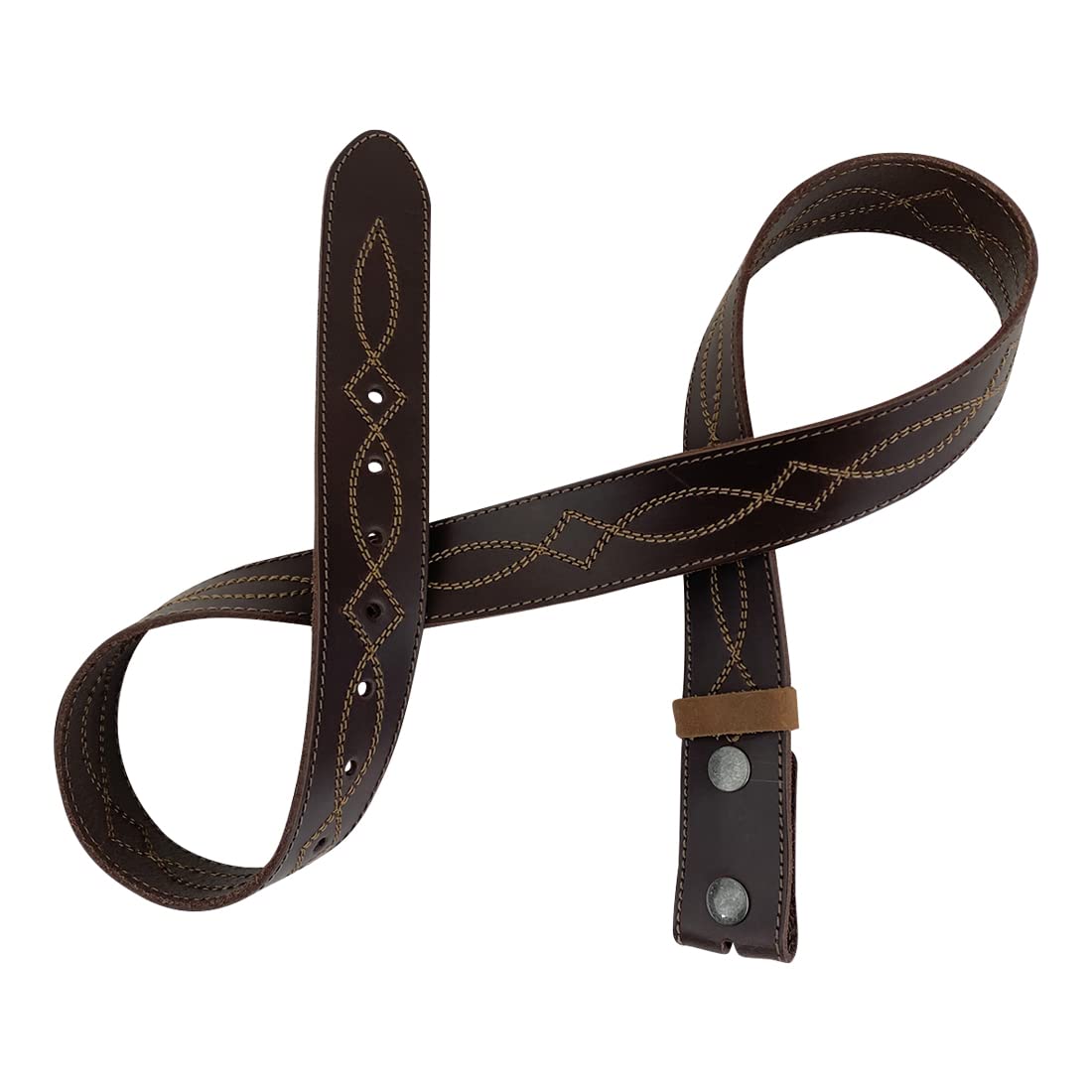 Western Leather Works, Rustic No Buckle Belt with Cowboy Stitching Handmade from Full Grain Leather - Snap On Belt (34)