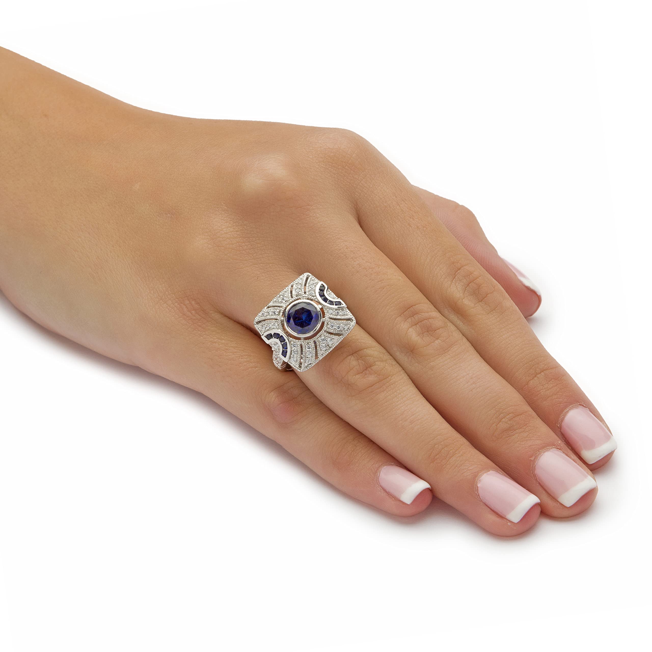 PalmBeach Jewelry Platinum-plated Sterling Silver Round Created Blue Sapphire and Cubic Zirconia Art Deco Style Ring Sizes 6-10 Size 6