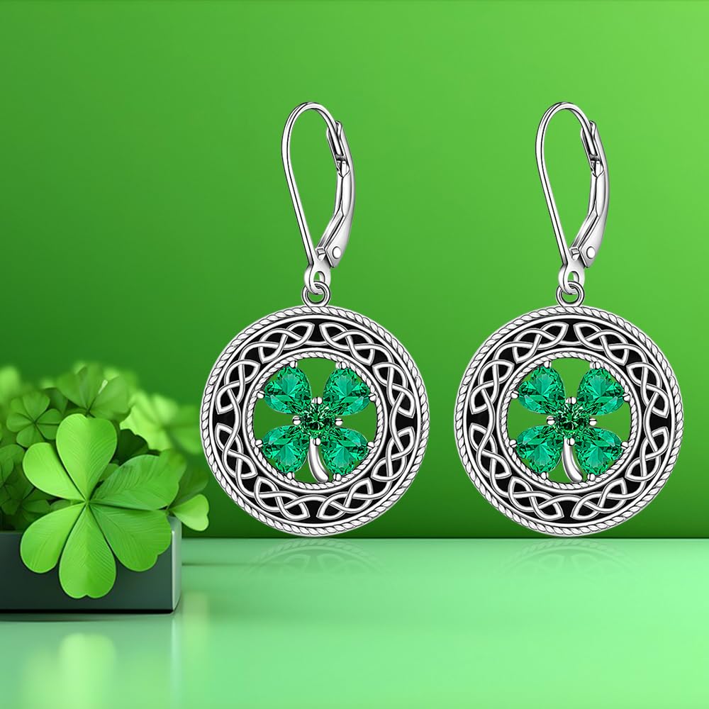St Patricks Day Shamrock Earrings for Women Studs Sterling Silver Green Irish Four Leaf Clover Earrings Dangle Lucky Shamrock Gifts