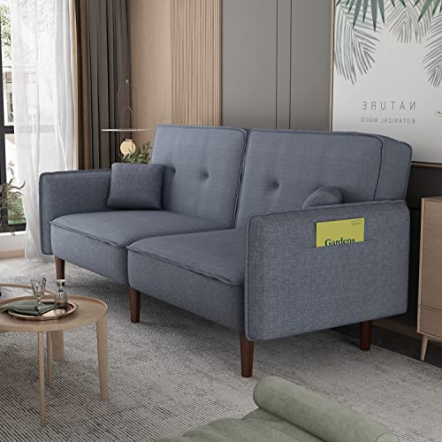 Penifun Convertible Futon Sofa Bed Sleeper Couch Folding Lounge Living Room Linen Upholstered 75 INCH 3 Setaer Loveseat with Armrest & 2 Pillows & 3 Backrest Settings-120°/150°/180°, Gray, Grey