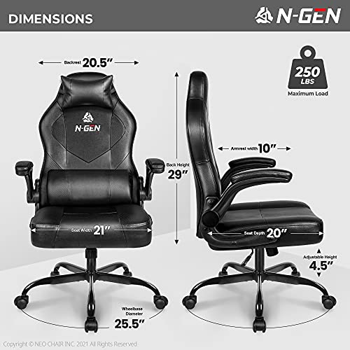 N-GEN Gaming Chair Ergonomic Office PC Desk with Lumbar Support Flip Up Arms Levelled Seat Style Headrest PU Leather Executive High Back Computer for Adults Women Men (4. Black)