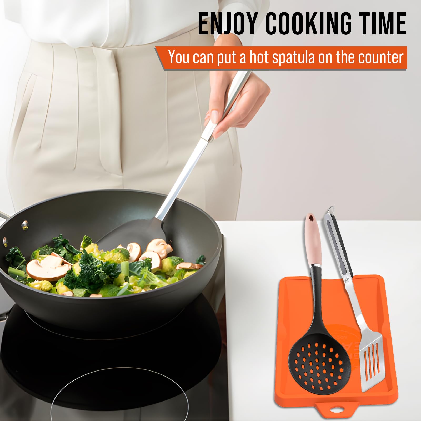Silicone Spatula Mat for Ladle, Spoon Rest Kitchen Utensil Holder Drip Pad, Heat Resistant Spoon Holder for Stove Top & Grill, Non Slip, Keep Neat and Clean(Orange)